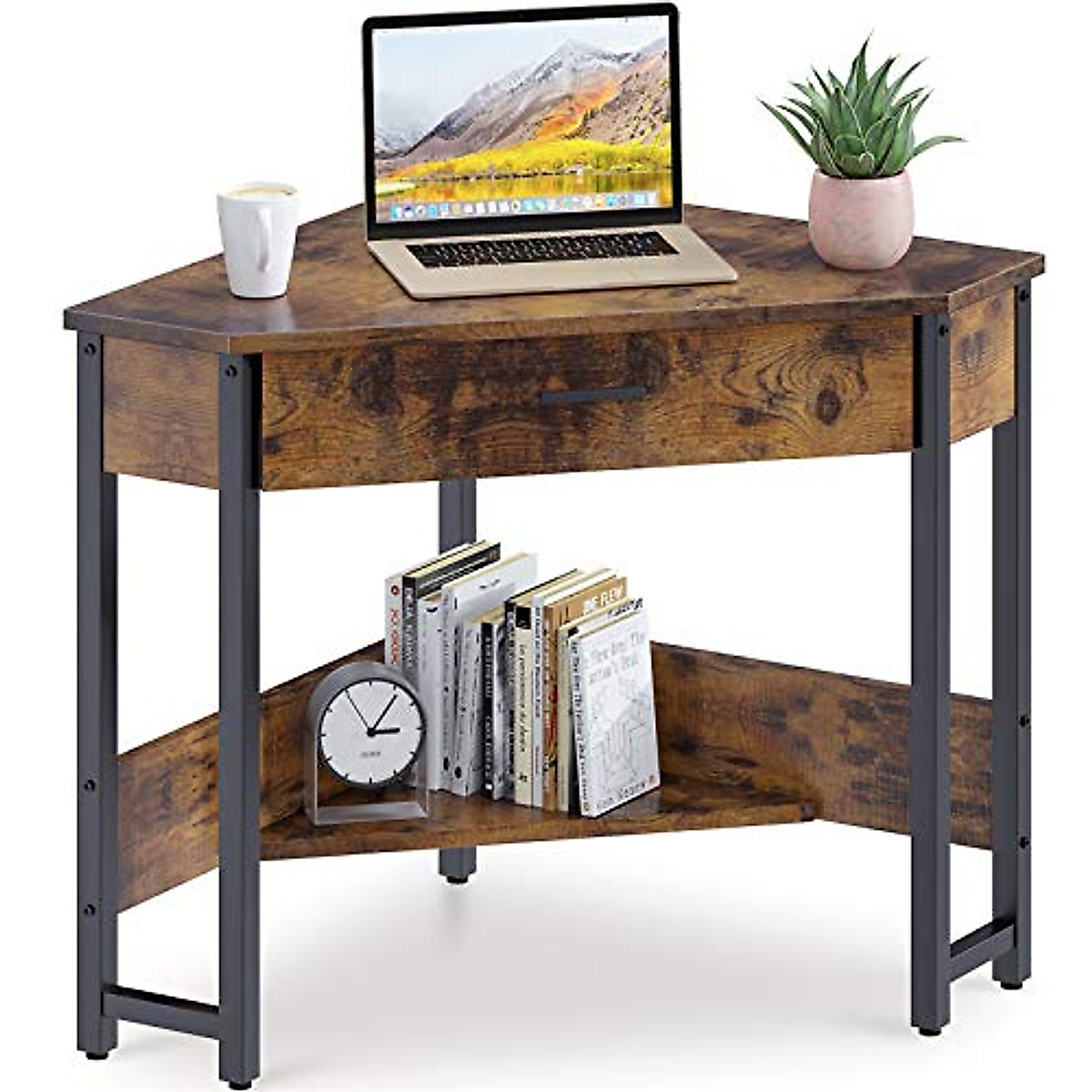 ODK Corner Desk, Triangle Computer Desk Corner Vanity with Large Drawer & Storage Shelves, Corner Writing Desk for Workstation