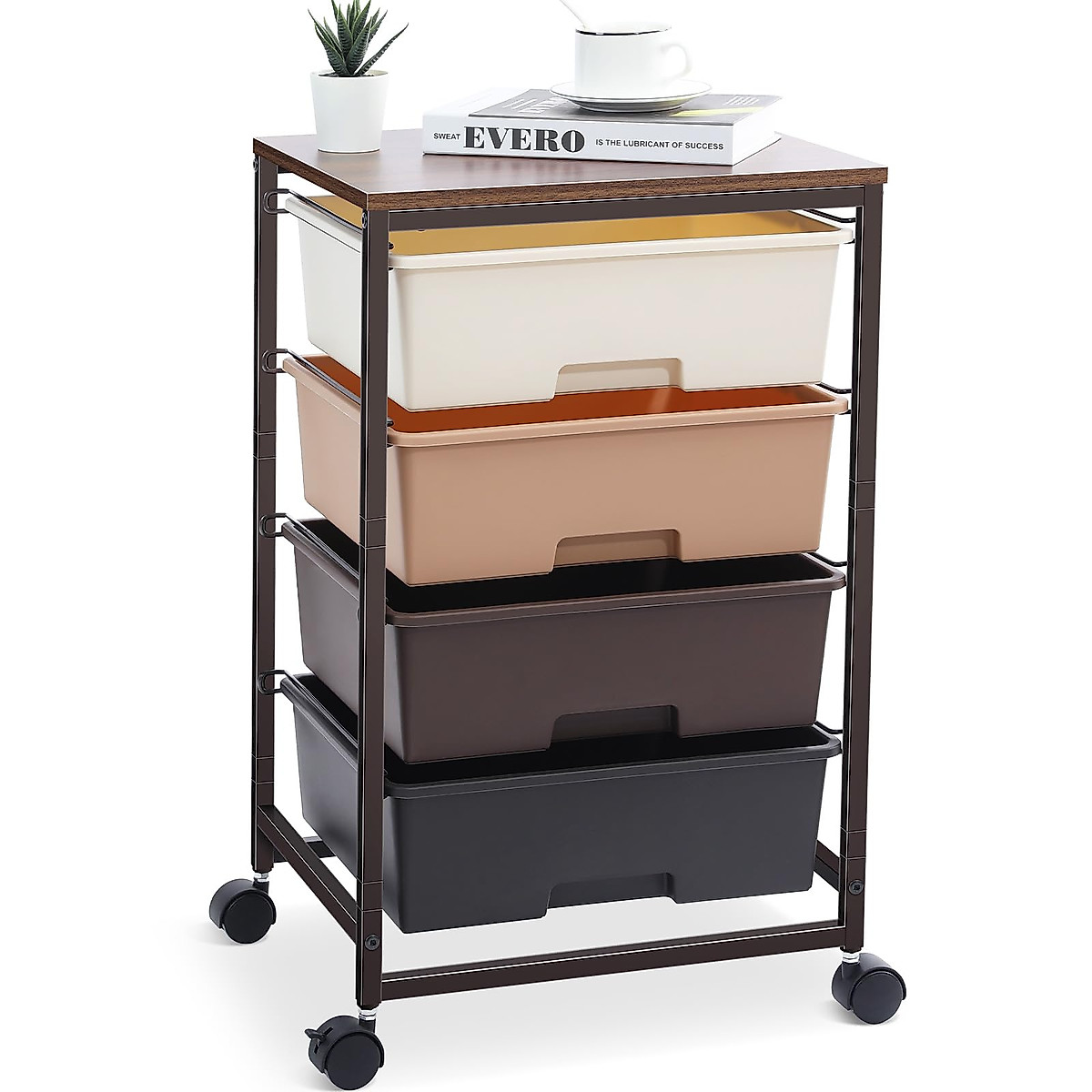 TOOLF Utility Cart with Drawers and Wooden Tabletop,4 Drawers Rolling Storage Cart,Arts and Crafts Organizer Storage Cart for Bedroom,Kid's Room,Dorm,Classroom,Office,Brown