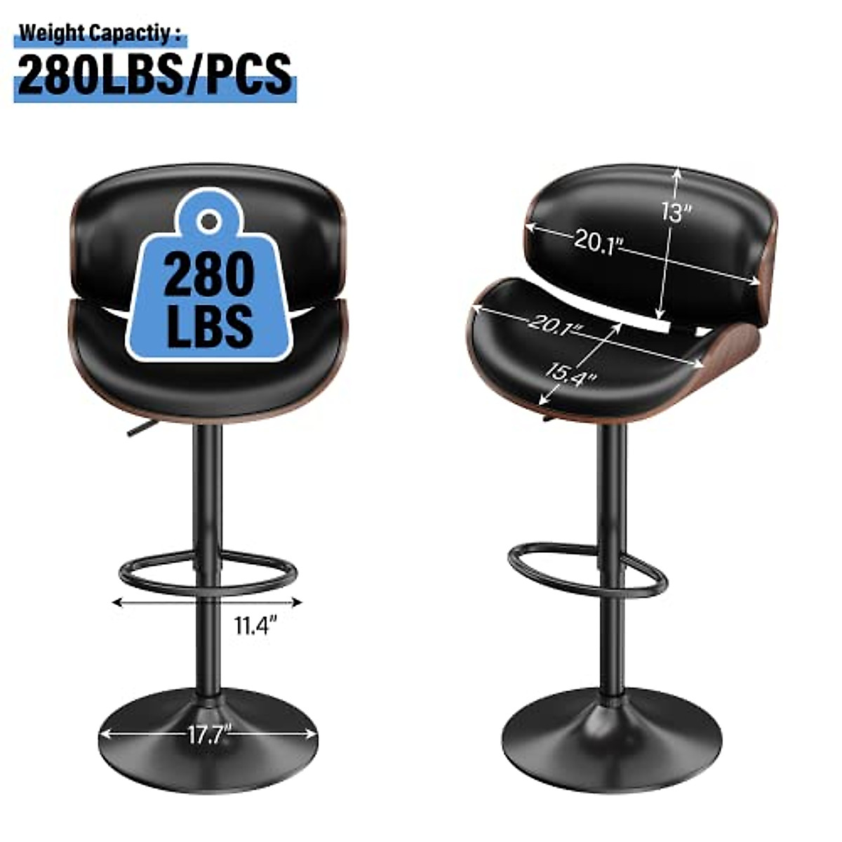 Aowos Adjustable Swivel Bar Stools Set of 2, Mid-Century Modern PU Leather Upholstered Counter Height Bar Stool, Kitchen Island Barstoosl with Back, Black