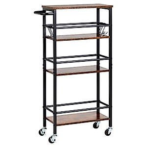 LOAKEKEL Slim Rolling Cart, 4-Tier Storage Cart on Wheels, Narrow Kitchen Cart with 6 Hooks for Small Spaces, 7.87" Deep, Mobile Shelving Unit Utility Cart for Dining Room, Bathroom, Brown HKC04BR-1