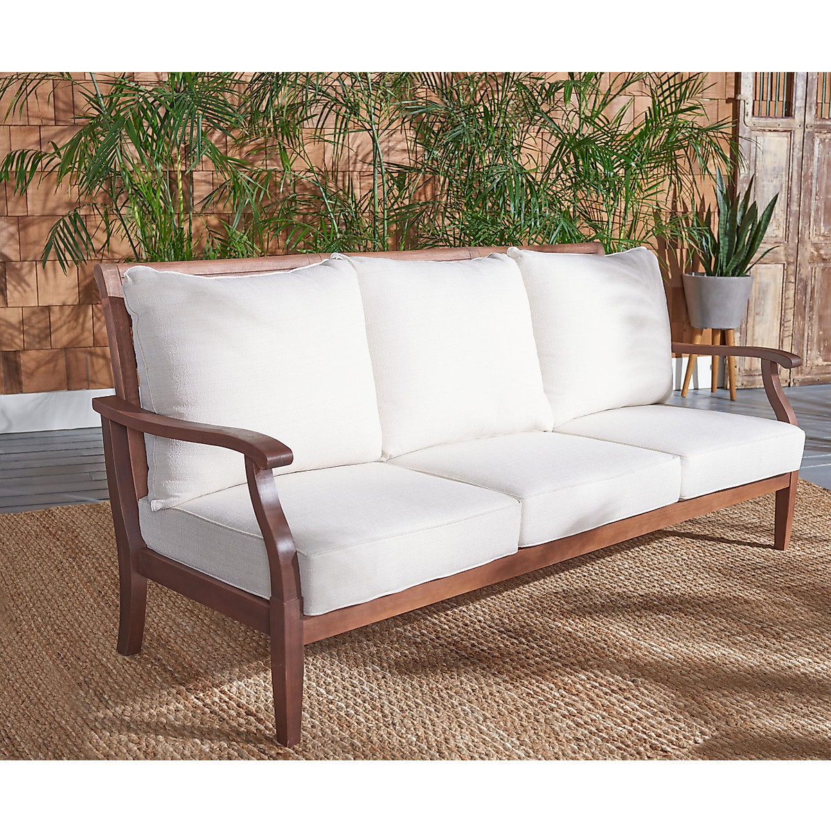SAFAVIEH Couture Home Collection Payden Natural Wood/Beige Cushion 3-Seat Outdoor Patio Sunroom Porch Backyard Veranda Sofa