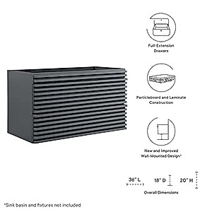 Modway Render 36" Wall-Mount Bathroom Vanity Cabinet in Gray-Sink Basin Not Included,Grey