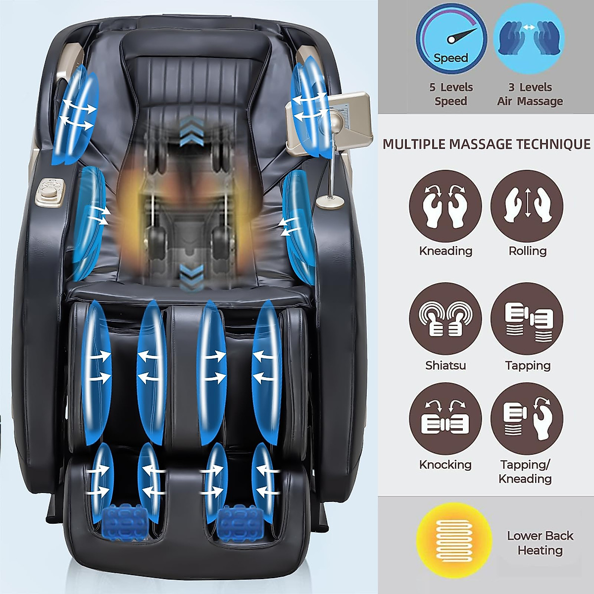 MassaMAX Full Body Massage Chair, Zero Gravity Recliner with Yoga Stretch, SL Track, Airbags, Heating, Touch Screen, and Foot Massage (MD906-Black)