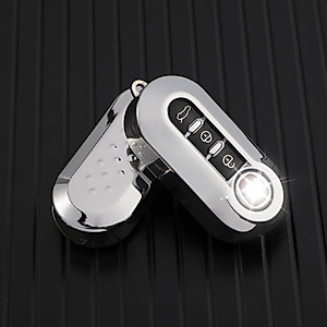 HIBEYO Key Fob Cover for Fiat 500 Linea 3 Button Filping Smart Remote Auto Key Shell with Leather Keychains for Fiat 500 Accessories Soft TPU Key Case-Silver
