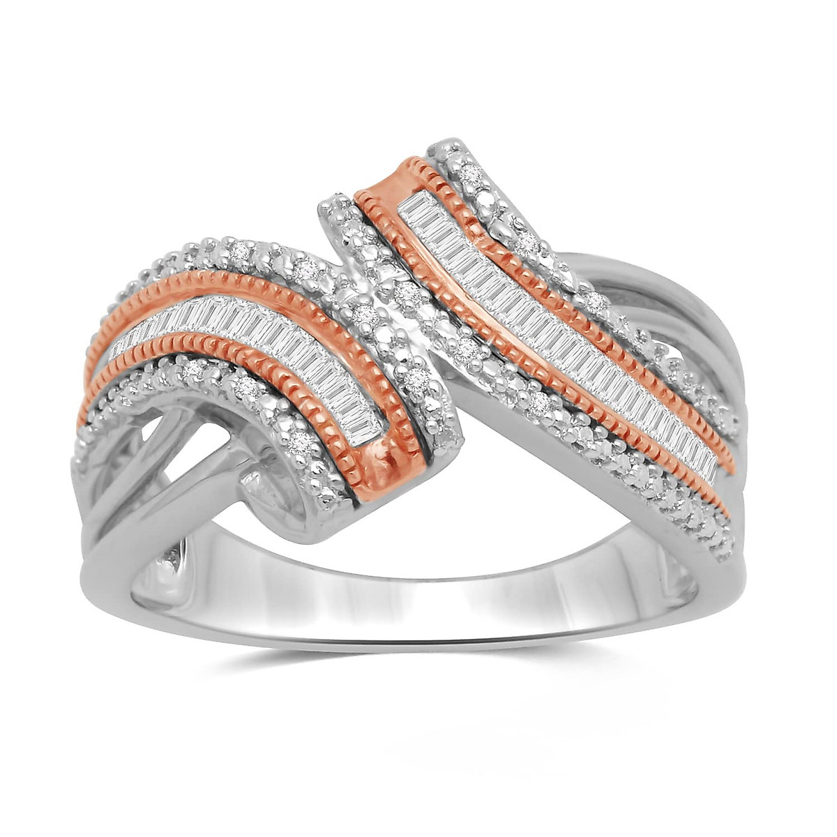 Jewelili 10K Rose Gold and Sterling Silver 1/4 Cttw Natural White Baguette and Round Diamond Bypass Ring, Size 7