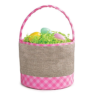 Personalized Easter Bucket Bag with Custom Cursive Name | Pink Plaid Burlap Easter Bag with Handle | Egg Basket for Kids | Customized Easter Basket | Great for Book and Toy Storage