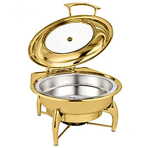 HONHPD 6.8 QT Round Golden Chafing Dish, chaffing server set buffet, Stainless Steel Buffet Chafer with Glass Lid, Chafers and Buffet Warmers Set for Catering, Buffet Food Warmer for Parties