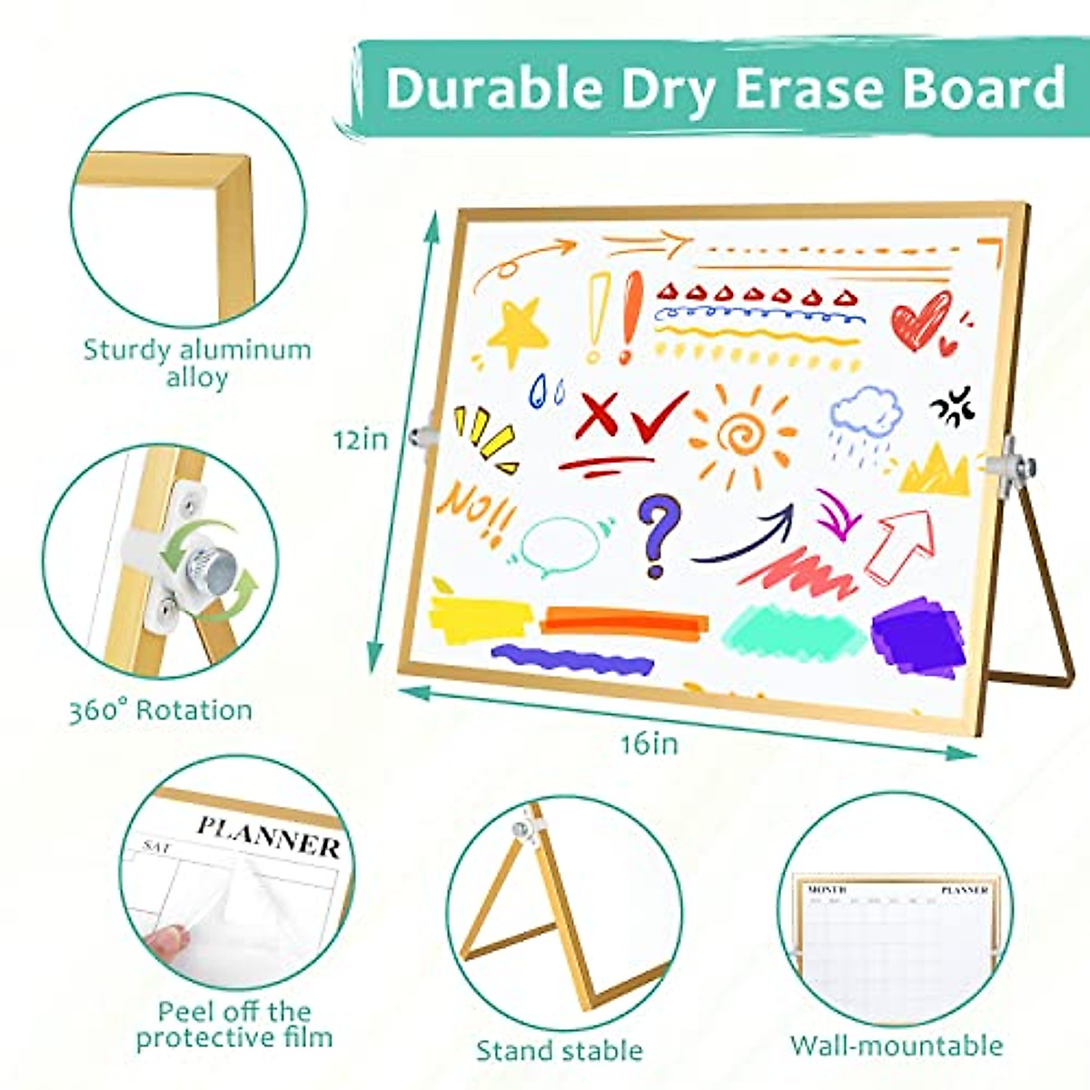 White Board, Jorking Dry Erase Calendar 16’’x12” Magnetic Desktop Whiteboard with Stand, Monthly whiteboard for wall Portable Double-Sided Dry Erase Board for Kitchen, Office, School, Gift idea,Golden
