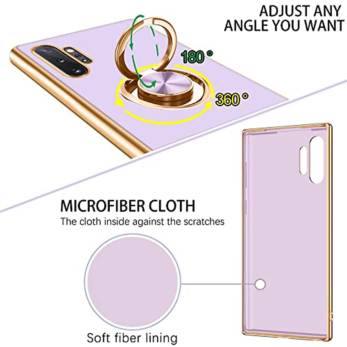 DUEDUE for Samsung Galaxy Note 10 Plus Case with Ring Holder Kickstand 360 Degree Rotation Magnetic Car Finger Slim Cover Shockproof Protective Phone Case for Samsung Note 10 Plus, Light Purple