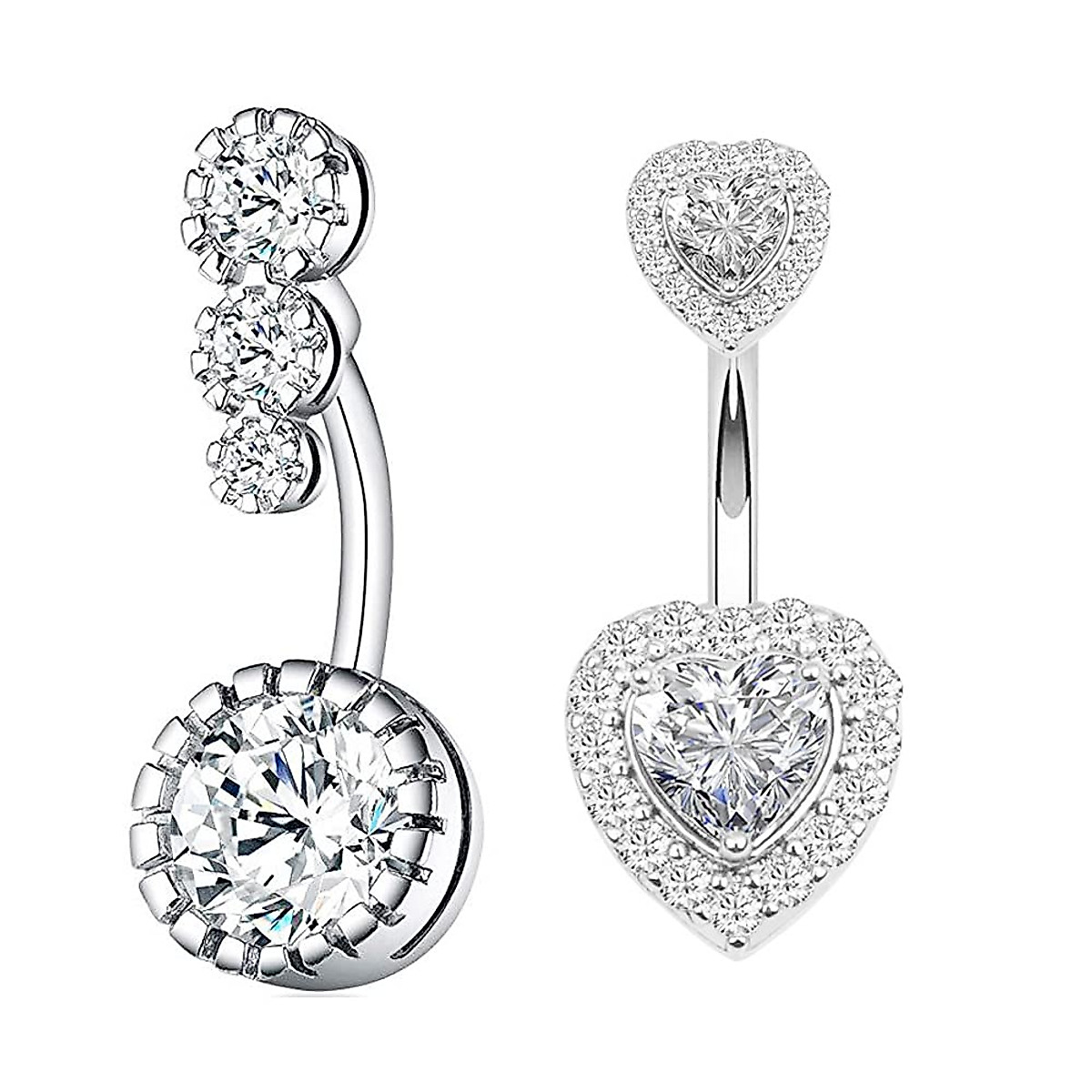 ClosJery Belly Button Rings Surgical Steel Pack Sexy Crystal Cute Dainty Zircon Goth Hippie Unique Heart Shaped Belly Button Rings Hypoallergenic Beach Jewelry for Bikini Women (Silver)