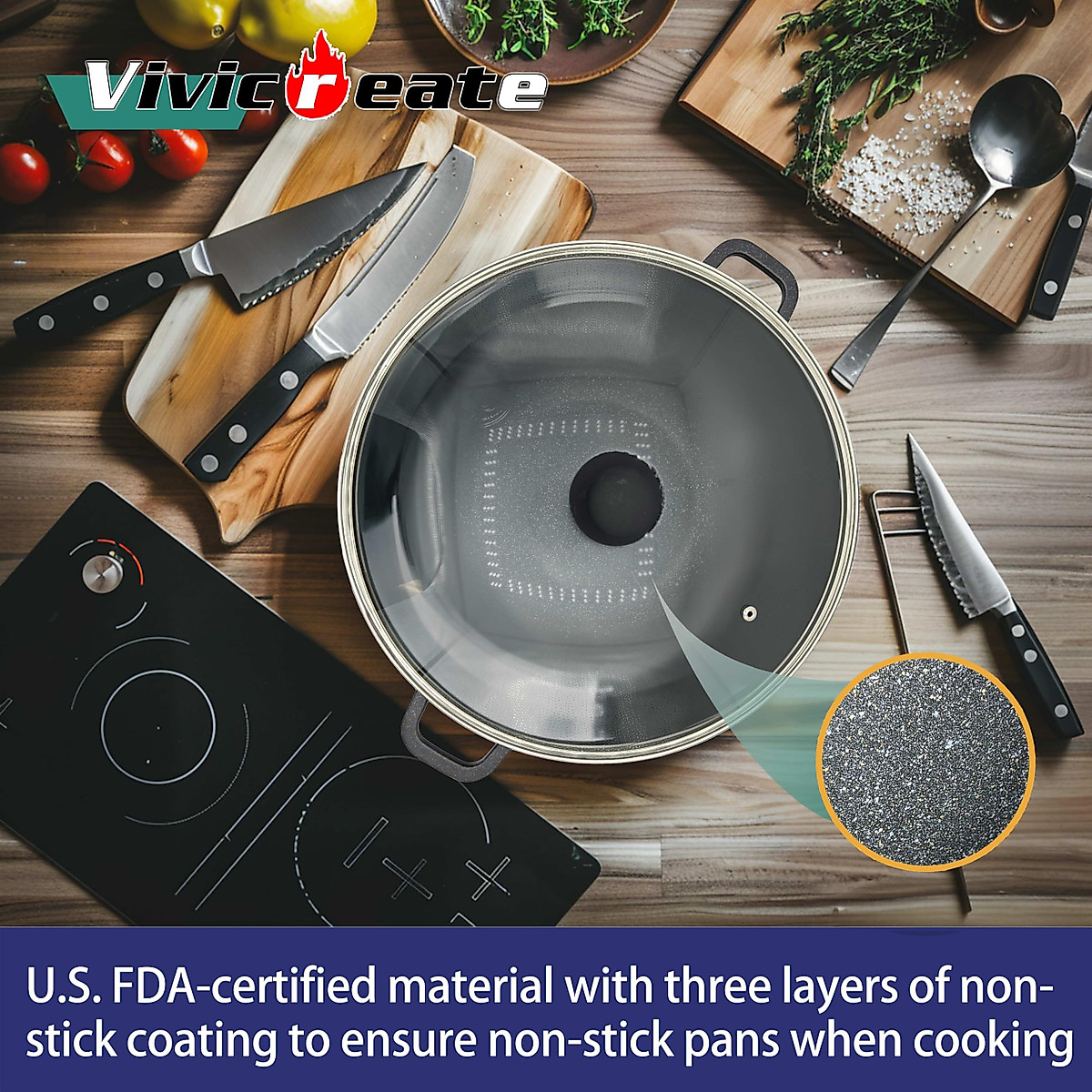 Vivicreate cast aluminum stock pot pan with lid, Marble color non stick coating, stainless steel bottom, long handle with rubber coating, dishwasher machine (9.5 INCH)