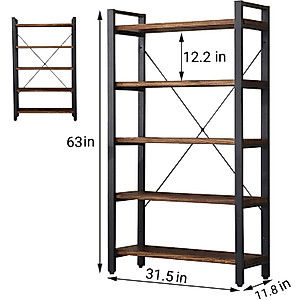 WH-AOERPUMY 5 Tier Bookcase, Solid Wood Bookshelf Rustic Vintage Industrial Etagere Bookcase, Metal and Wood Free Vintage Bookshelf, Retro Brown (Real Wood) (5-Tiers)