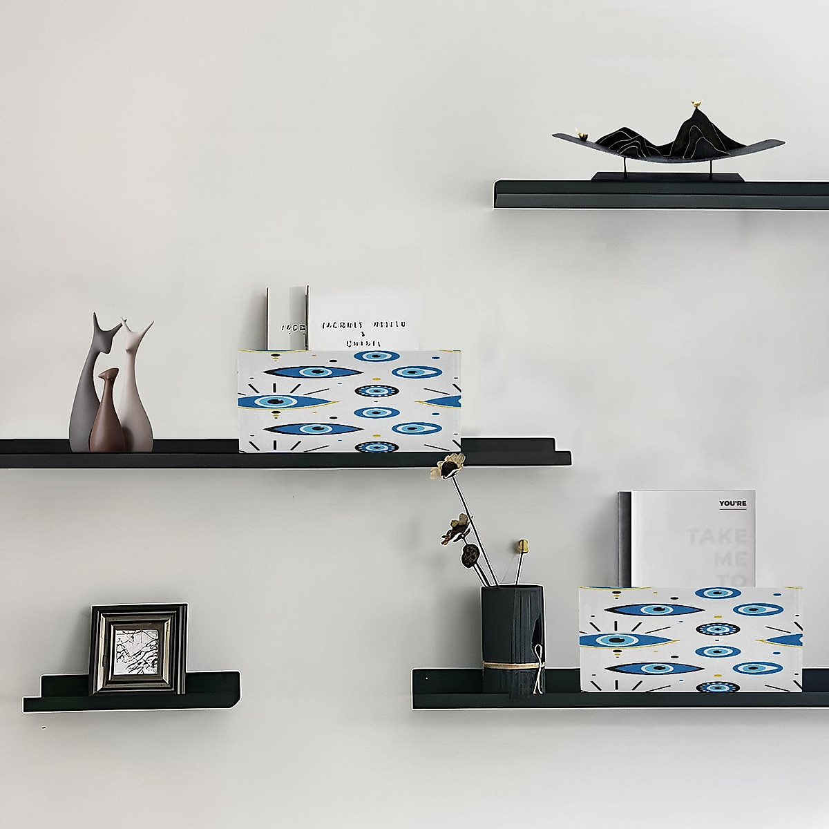 Kigai Turkish Blue Eye Storage Basket for Shelves, Foldable Open Storage Bins with Double Handle, Set of 2 Rectangular Felt Storage Organizer Boxes for Office Desk Home