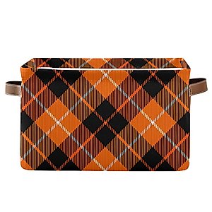 NFMILI Orange Black Plaid Storage Basket, Fabric Storage Cubes Bins, Open Home Storage Bins with Handle 14.2 x 10.2 x 8.3 in