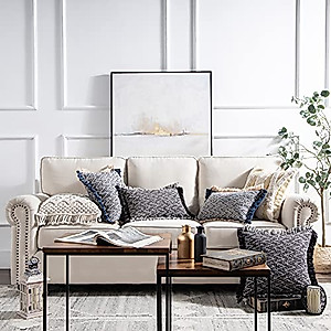 Phantoscope Decorative Boho Throw Pillow with Pillow Insert Included, Hand Woven Textured Pillow Cover with Fringe Trim, Modern Farmhouse Square Cushion Pillow, Dark Blue 12 x 20 Inches