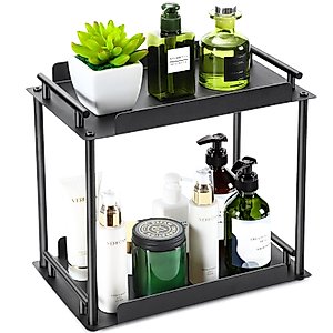 HLWDFLZ 1 Set of 2-Tier Bathroom Countertop Organizer Shelf - Metal Bathroom Counter Storage Tray Cosmetic Storage Rack, Bathroom Kitchen Living Room Standing Rack Black