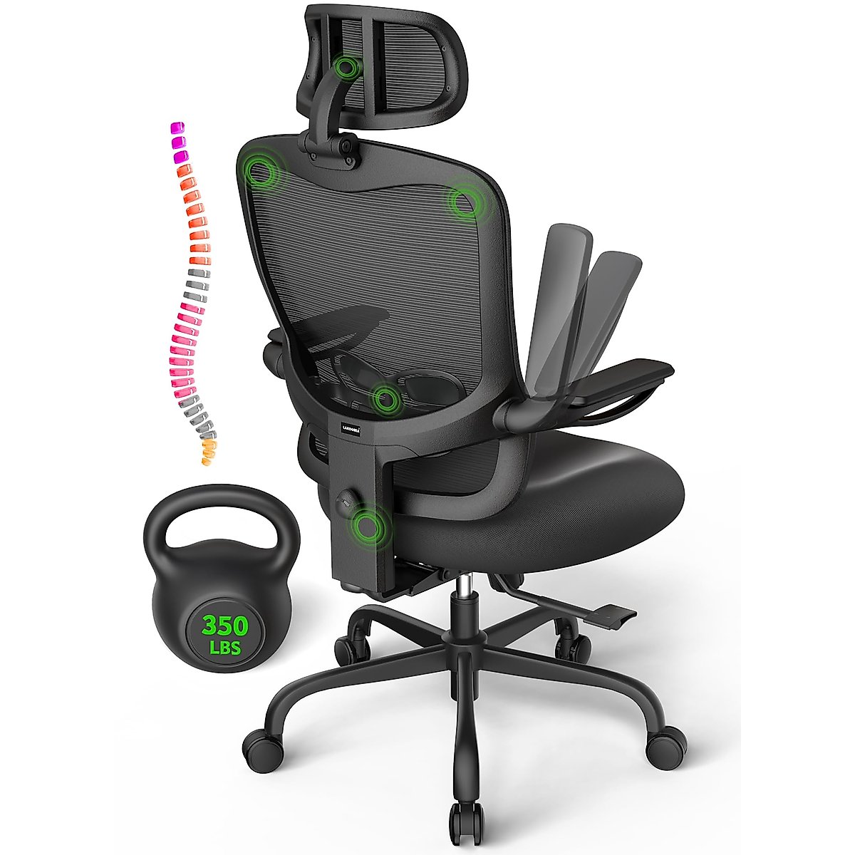 Ergonomic Office Chair Big and Tall - 6'5" Tall Max, 350Lbs Capacity Computer Desk Chairs Over 10 Hours Comfortable, with Adjustable Mesh High Back, Lumbar Support, 3D Headrest, Flip-up Arms