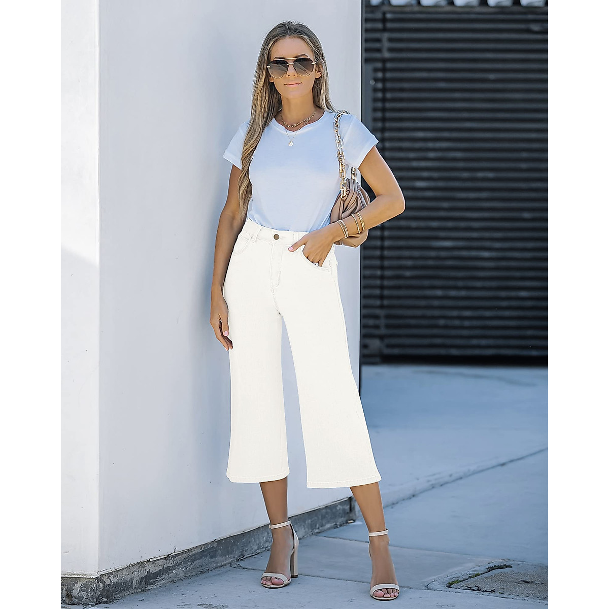 Vetinee Women's High Waisted Capri Pants, Denim Jeans, X-Large, Brilliant White