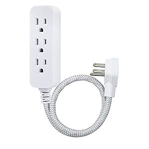 GE 3-Outlet Power Strip Extension Cord with Multiple Outlets 6 Inch Braided Short Cord Extension Cord Grounded Flat Plug Extension Cord UL Listed White 45190