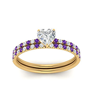 Jewelryonclick Pave Petite Ring with Matching Wedding Band Yellow Gold Plated Natural Amethyst Heart Shape Purple Color Wedding Ring Sets Pave Setting in Size 5 Fashion Jewelry