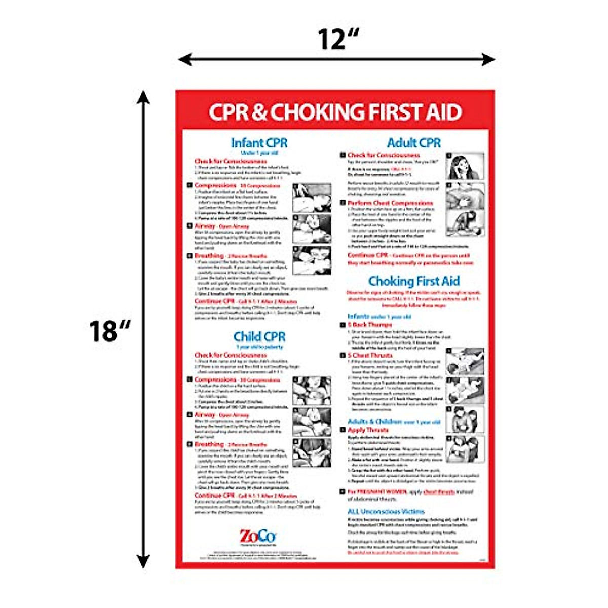 CPR and Choking Poster for Infant, Child, Adult - Laminated, 12 x 18 in. - CPR, Heimlich Maneuver First Aid Sign - Restaurant, School Nurse Office, Workplace Healthcare Poster