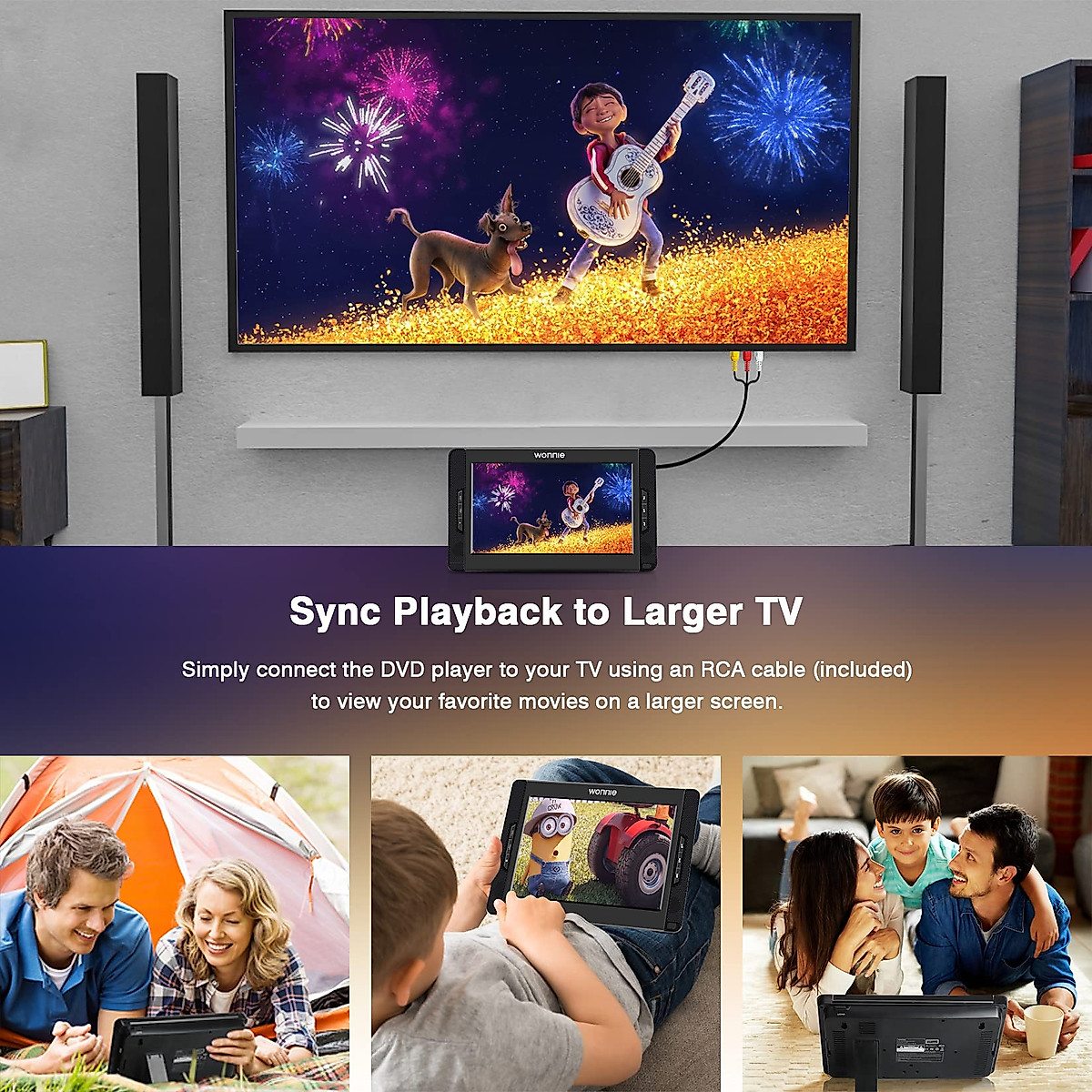 Wonnie 10.5inch Dual Portable DVD Player for Car, Headrest Kids CD Players with Two Headphones Built-in 5 Hours Rechargeable Battery, Support USB/SD/MMC,Regions Free,AV Out & in ( 1 Player+1 Monitor )