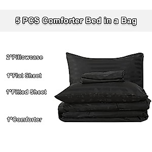 Sisher 5Pcs King Comforter, Stripe Silk Bedding Sets for Man Woman, Luxury Rich Black Bed in a Bag King (1 Comforter, 2 Pillowcases, 1 Flat Sheet, 1 Fitted Sheet)