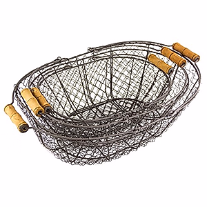 Red Co. All-Purpose Display Basket Bin, Gray Metal Wire with Two Wood Handles, Oval Shape and Stackable, Set of 3, Small- 5 Inches, Medium- 6 Inches and Large- 7 Inches