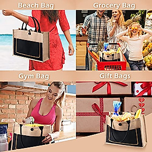 8 Pcs Burlap Tote Bags with Handles Bulk Jute Tote Bags with Canvas Front Pocket Large Burlap Bags Beach Bag Set Reusable Grocery Bags Bridesmaid Tote Bags for Women Wedding Picnic Travel Work