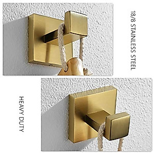 VELIMAX Premium Stainless Steel Towel Hook Square Robe Hook Coat Hook Heavy Duty Wall Mounted Luxury Hooks for Bathroom Hotel, Brushed Gold, 2-Pack