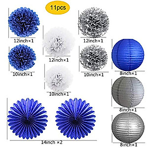 HEARTFEEL 11pcs Navy Blue Silver White Tissue Pom Poms Paper Lanterns Paper Fans Kit for Baby Shower, Bachorlette, Wedding, Birthday, Grad Party Decorations (Navy Blue,Silver,White)