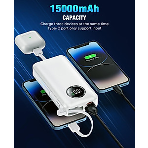 Portable-Charger-Power-Bank - 15000mAh PD 30W Power Bank, Built in Type-C(30W) and iOS(20W) Output Cables LED Display for iPhone and Android Phones and Most Electronic Devices(White)
