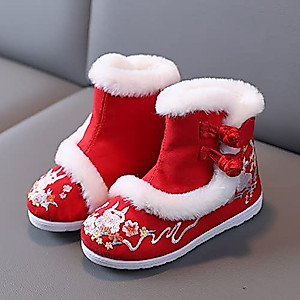 Toddler Gilrs Cloth Shoes Rubber Sole Warm Winter Snow Boots Embroidery Print Cotton Boots Speak Boots (Red, 4-4.5 Years Little Child)