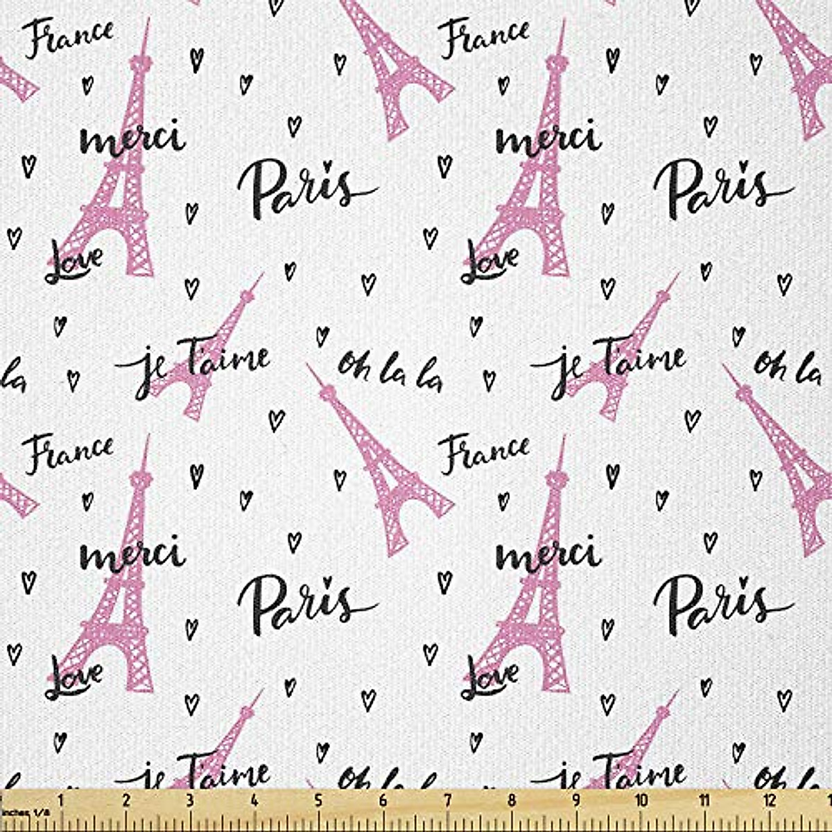Lunarable Eiffel Tower Fabric by The Yard, France Paris Oh La La Eiffel Tower Hearts Calligraphy Doodle Style Artwork, Stretch Knit Fabric for Clothing Sewing and Arts Crafts, 1 Yard, Black Pink
