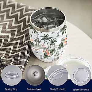 silichee 12 Oz Stainless Steel Insulated Tumblers with Lid Beautiful Tropical Pattern Background Coconut Palm Trees Sailboat Insulated Tumblers Vacuum Coffee Mugs for Hot and Cold Drinks,Wine,Coffee
