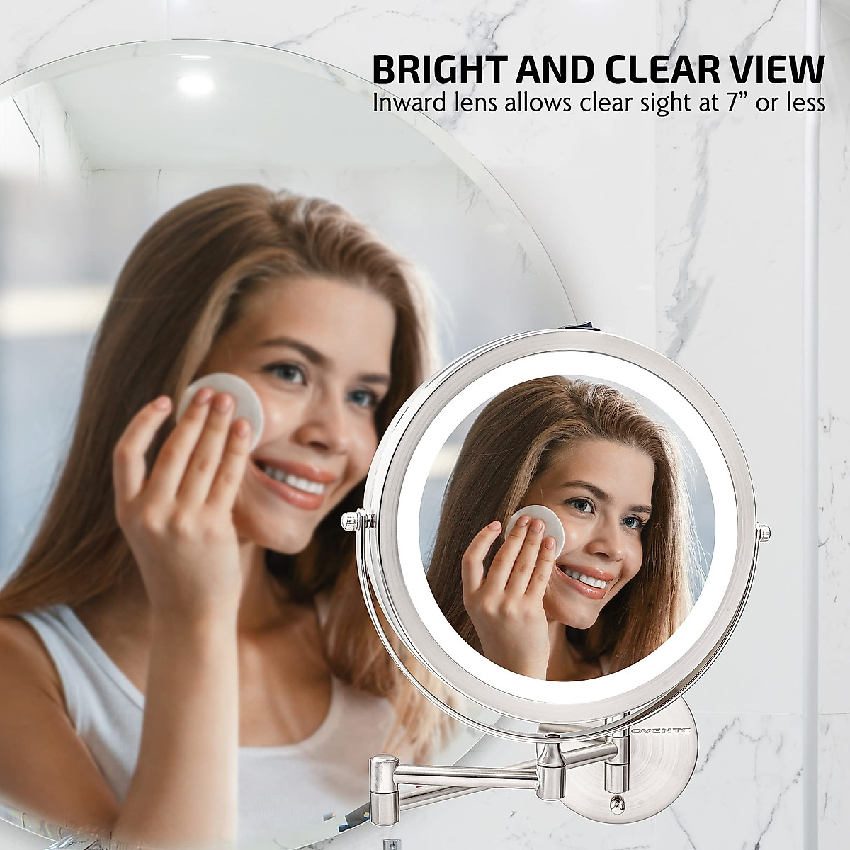 Ovente 8.6" Lighted Wall Mount Makeup Mirror, 1X & 10X Magnifier, Adjustable Double Sided Round LED, Extend, Retractable & Folding Arm, Compact & Cordless, Battery Powered Nickel Brushed MFW85BR1X10X