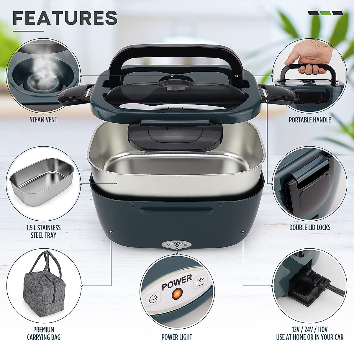 Better 4 You Electric Lunch Box – Food Heater Plug-In Lunch Box to Heat Lunch – Portable Food Warmer Car Lunch Box Warmer – Portable Electric Heating Lunch Box for Work 110V/12V – Teal & Black