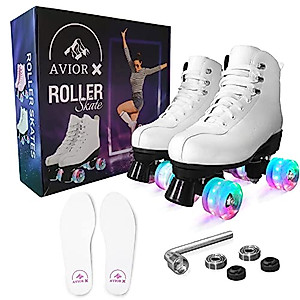 AviorX Premium Roller Skates for Women & Everyone All Adult Men, and Womens, Girls, and Kids Indoor & Outdoor High Top Luxurious Retro Roller Skate for Womens/Unisex with Extras (8, White)