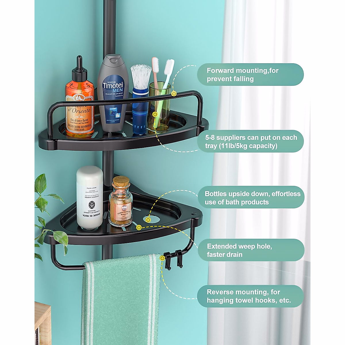 ADOVEL 4 Layer Corner Shower Caddy, Stainless Steel ​Constant Tension Pole Shower Organizer, Adjustable Corner Shower Shelf, Rustproof 3.3 to 9.8 ft