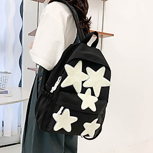 JHTPSLR Preppy Backpack Y2K Aesthetic Backpack Lambswool Stars Patchwork Backpack Cute Kawaii Stars Backpack Supplies Casual Daypack (Black)
