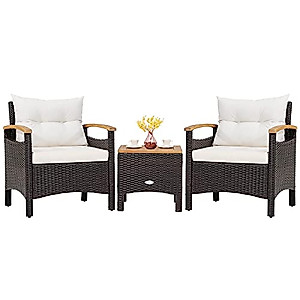 Tangkula 3-Piece Patio Furniture Set, Patiojoy Outdoor Rattan Sofa Set with Coffee Table, Patio Conversation Set with Removable Cushion, Cozy Acacia Wood Armrests for Backyard, Poolside (Off White)