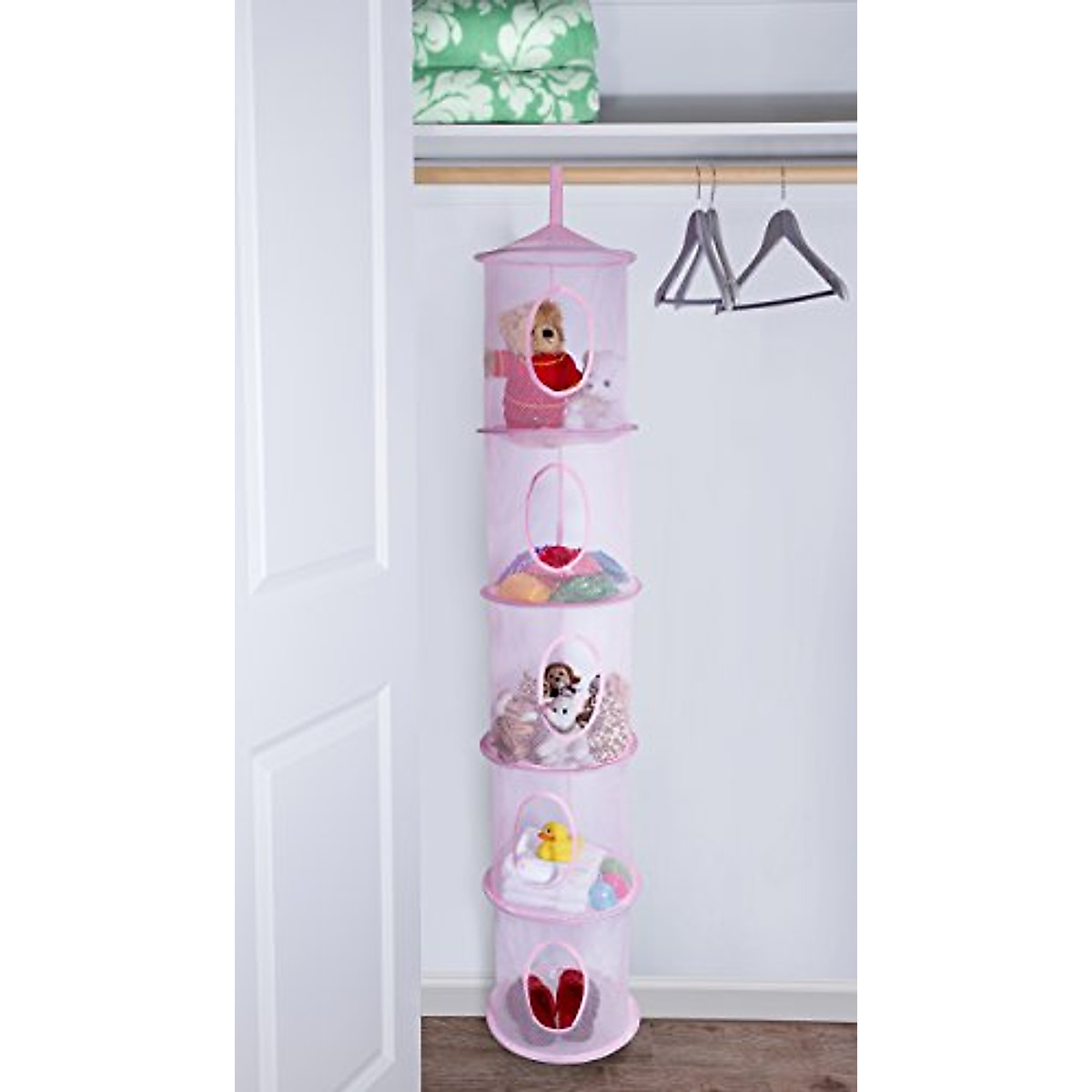 5 Tier Storage Organizer - 12" X 59" - Hang in Your Children’s Room or Closet for a Fun Way to Organize Kids Toys or Store Gloves, Shawls, Hats and Mittens. Attaches Easily to Any Rod. (Pink)