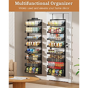 POKIPO 8-Tier Over the Door Pantry Organizer, Large Metal Door Spice Rack with Adjustable Basket, 2 in 1 Wall Mount or Hanging Heavy-Duty Pantry Door Storage Shelf for Kitchen and Bathroom, Black