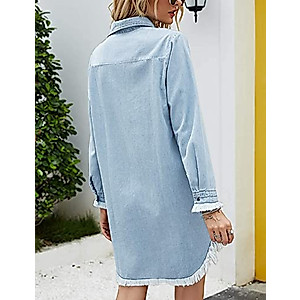 Zilcremo Women Denim Shirt Dresses Long Sleeve Distressed Jean Dress Button Down Casual Tunic Top Lightblue S