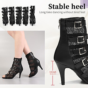 VCIXXVCE Women's Heels Dance Shoes Black with Zipper Peep Toe Rubber Sole Ballroom Salsa Ankle Dance Boots 3 1/3inch Heel,9 B(M) US