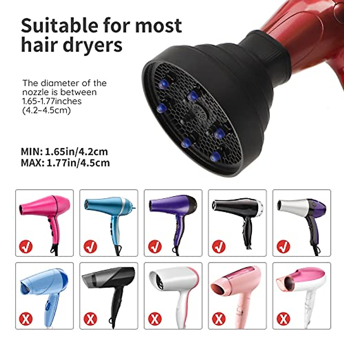 Travel Hair Dryer Diffuser, Segbeauty Collapsible Portable Hair Diffuser, Profession Blow Dryer Diffuser Attachment for Natural Thick Hair, Suitable for Nozzle 1.65 inches to 1.77 inches - Black