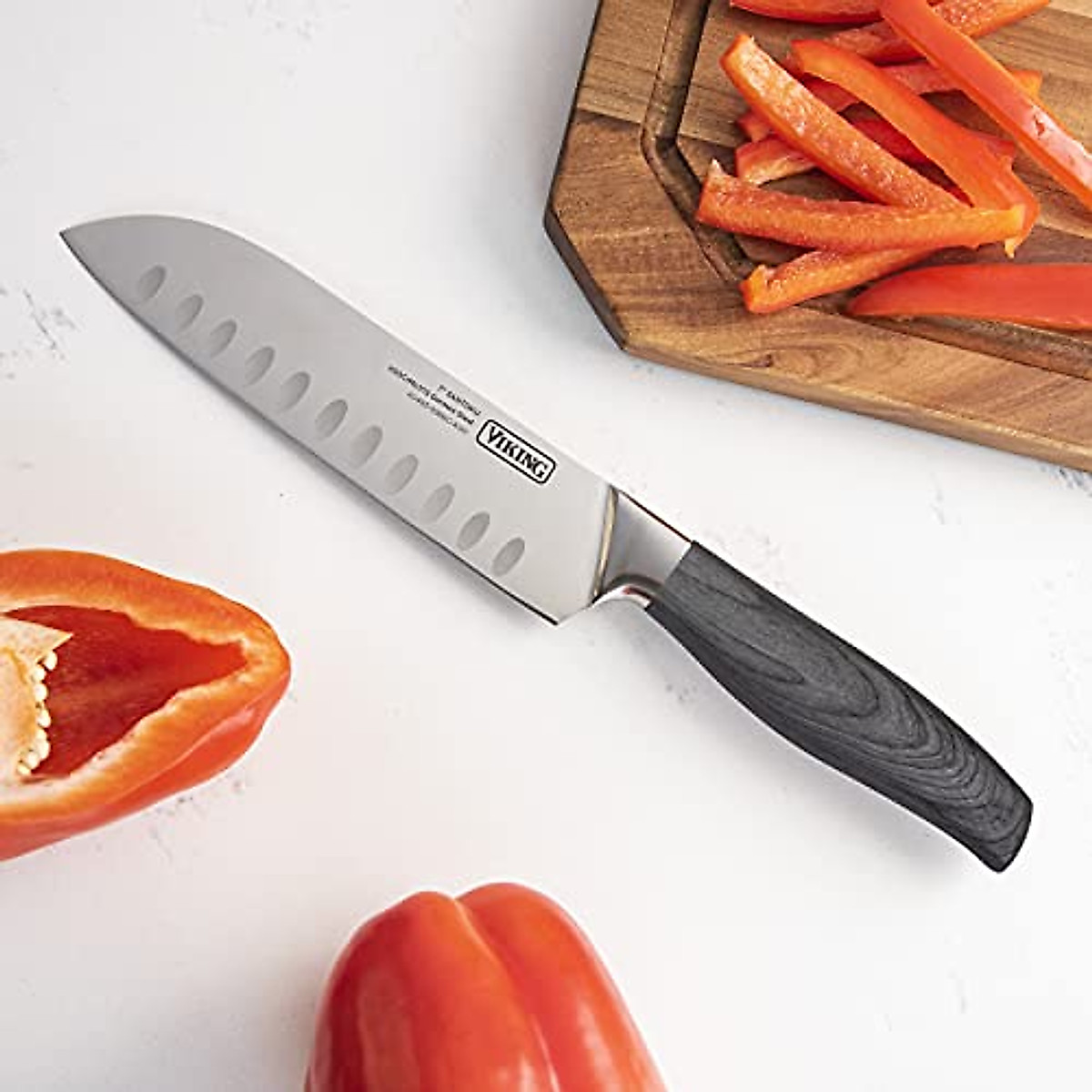 Viking Culinary German Steel Hollow Handle Cutlery Set, 6 Piece, Includes Protective Plastic Sleeve, All Essential Knife Types, Dishwasher Safe, Ash Wood Pattern Handles