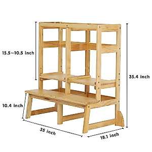 SDADI Kitchen Step Stool Tower for 2 Kids, Adjustable Height Double Learning Stool, Solid Wood Construction Toddler Tower (Natural)