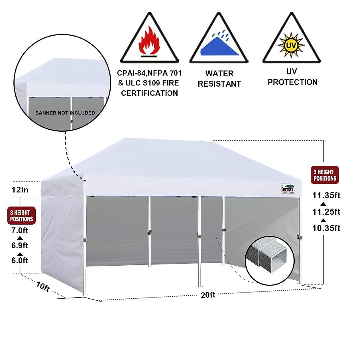 Eurmax USA 10'x20' Pop-up Canopy Tent Commercial Instant Canopies with 4 Removable Zipper End Side Walls and Roller Bag, Bonus 6 SandBags(Blue)