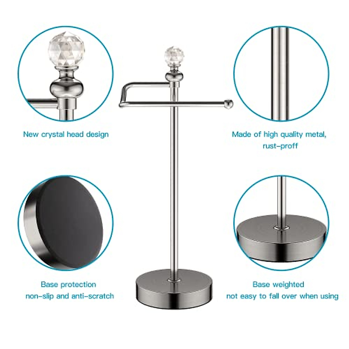 ROLABAM Heavy Weighted Hand Towel Holder(with Crystal Ball) Hand Towel Holder Stand Total Height 15.7'' for Kitchen,Bathroom,Vanity and Countertops,Classic Metal fingertip Towel Holder,Brushed Nickel